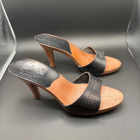 Candie's | Shoes | Vintage Candies Black Leather Wood Kitten Heel Mules ...